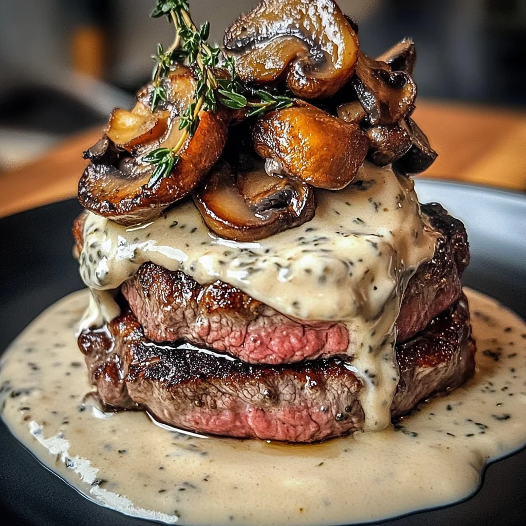 Beef And Mushroom Stack With Thyme Feta Cream Sauce